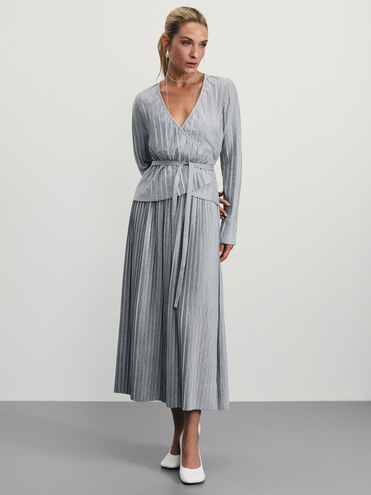 Юбка Женский Zarina серый Полиэстер, Эластан плиссе, размер 44 Без застежки Миди Однотонный ...