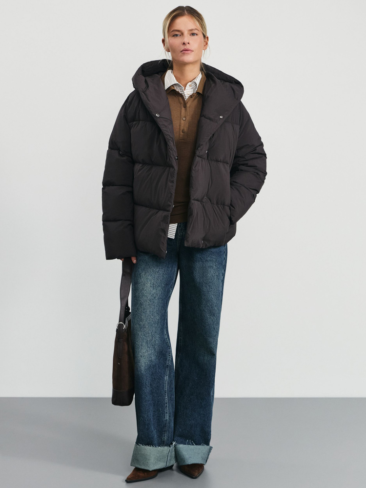 Куртка Женский Zarina Карманы темно-коричневый круглый Полиамид, размер 52 Длинный Демисезон ...