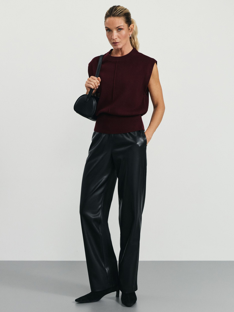 Брюки Женский Zarina широкие черный большие размеры Экокожа Повседневный, размер 54 Без застежки ...