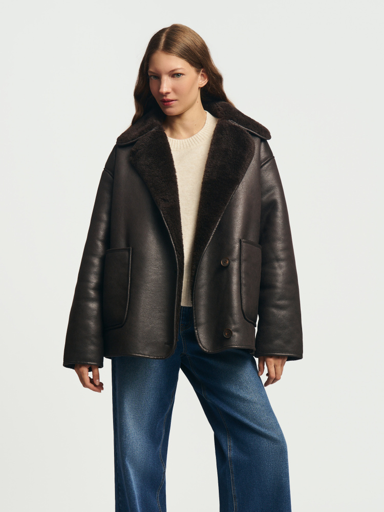 Дубленка искусственная Женский Zolla темно-коричневый Полиэстер, размер 44 Длинный Зима Китай ...