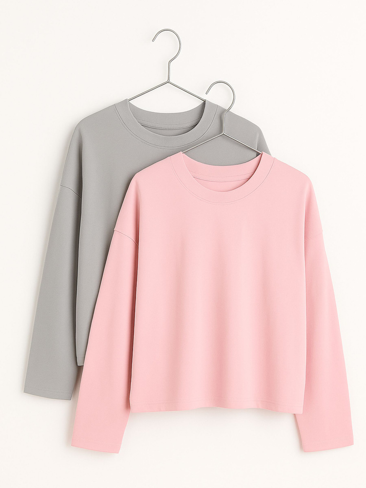 Лонгслив Женский 8BASE нежный розовый, светло-серый Длинный, размер 40, 42 Хлопок, Лайкра ...