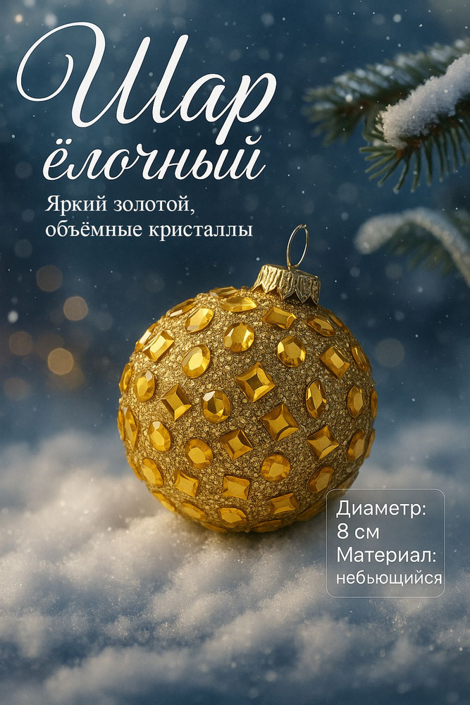 Золотой небьющийся ёлочный шар 8 см с блёстками и кристаллами ...