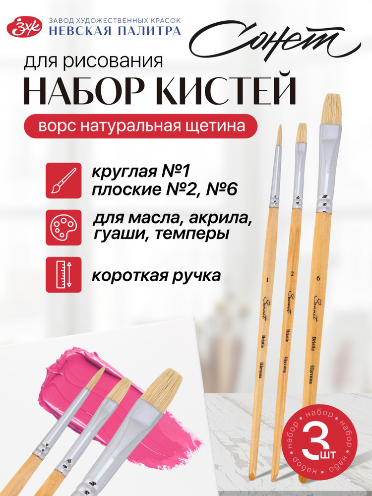 Кисти для рисования Невская палитра Сонет, №5, щетина, 3 штуки ...