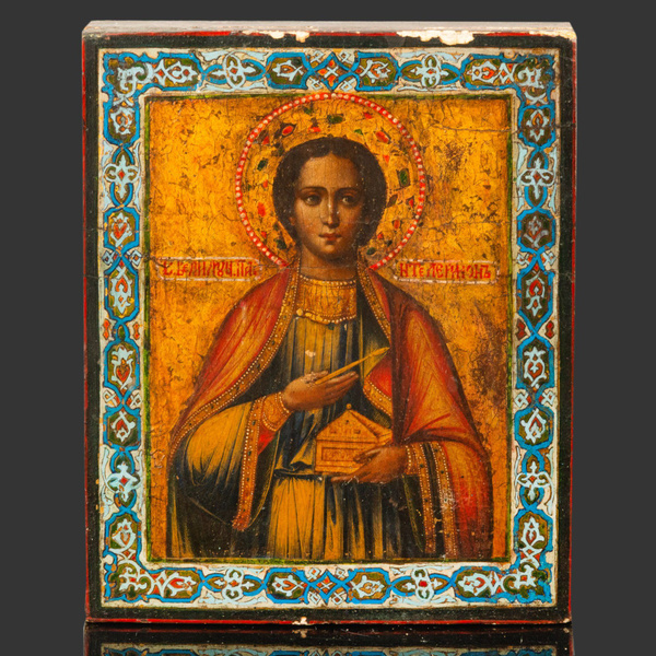 Икона Святой великомученик и целитель Пантелеймон покровитель врачей, дерево, темпера, золочение ...