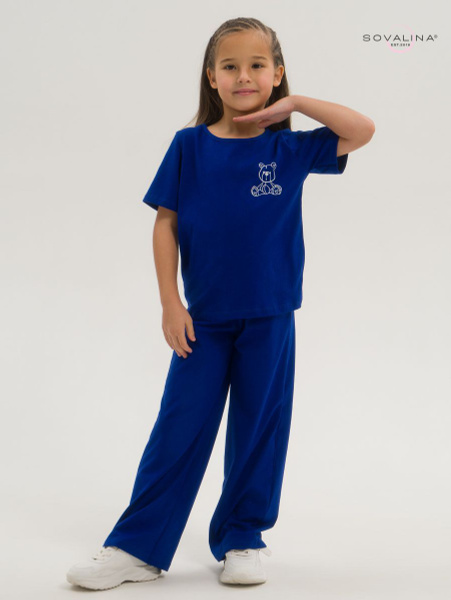 Комплект одежды Девочки SOVAlina Повседневный брючный синий, размер 128 Трикотаж, Хлопок Фитнес ...