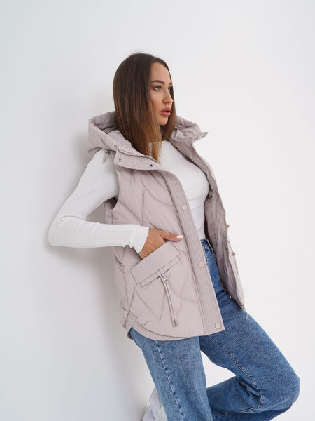 Жилет утепленный Женский KSV&HUV Капюшон, Карманы светло-бежевый, размер 42, 44 Полиэстер ...