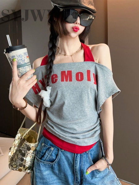 Топ Женский SYJWY серый, размер 48 Тиси Короткий Повседневный Хлястик Китай облегающий Надписи ...