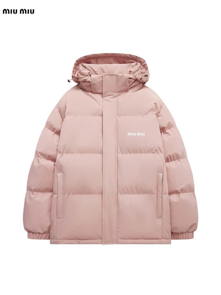 Пуховик Мужской Женский Miu Miu Карманы Лейбл светло розовый пиджачный Искусственный пух