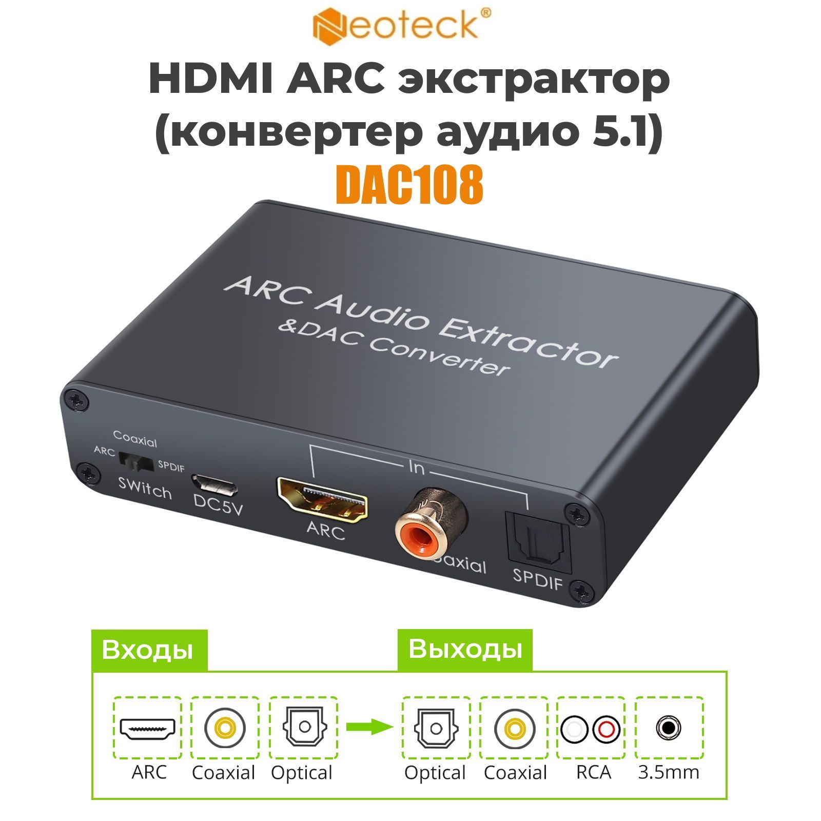 HDMI ARC экстрактор (конвертер аудио 5.1) Neoteck DAC108 (SPDIF/Coaxial ...
