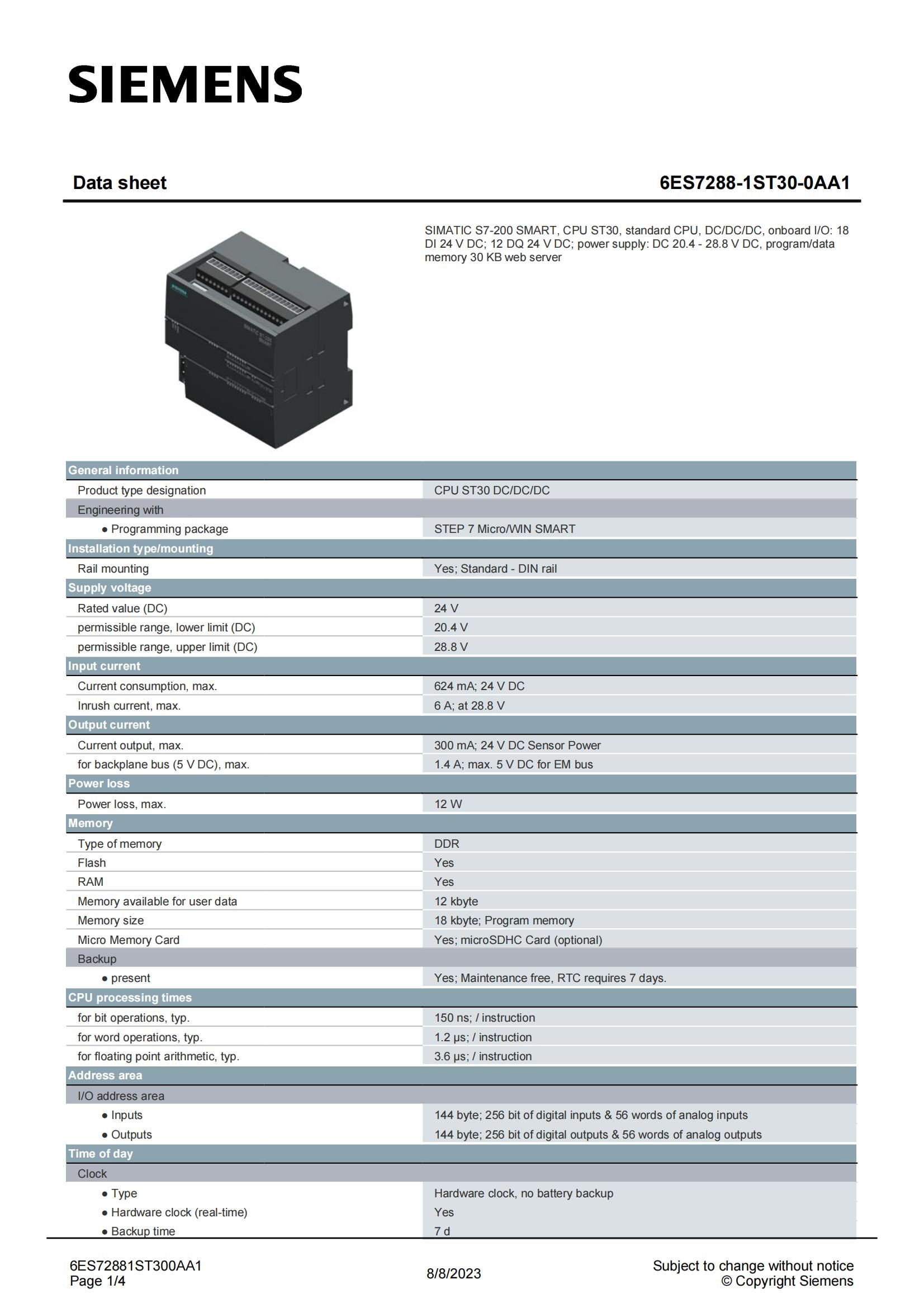 6ES7288-1ST30-0AA1 simatic S7-200 SMART, процессор ST30, стандартный ...