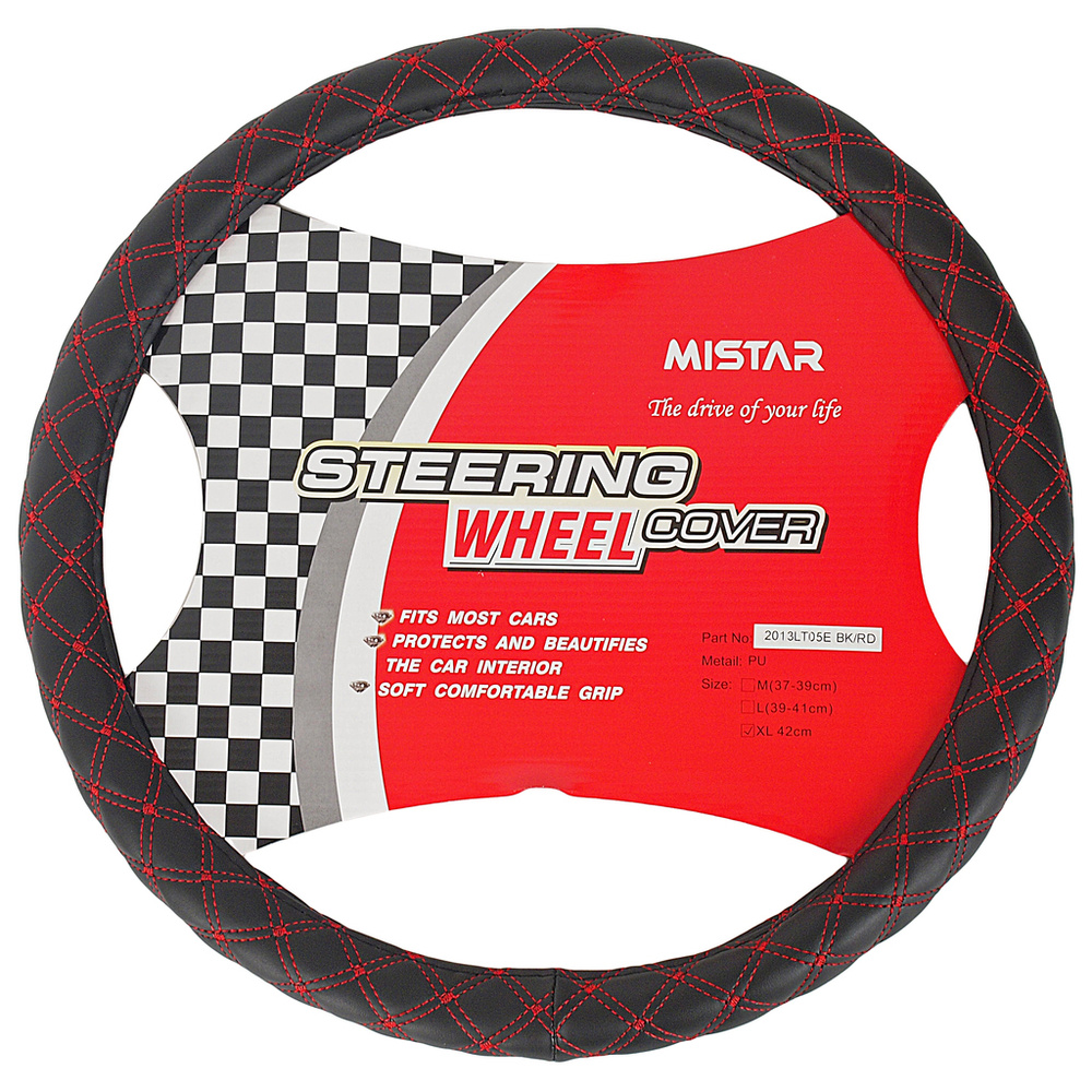 Оплетка руля (XL) 41-43см черная/красная кожаная MISTAR - купить по ...