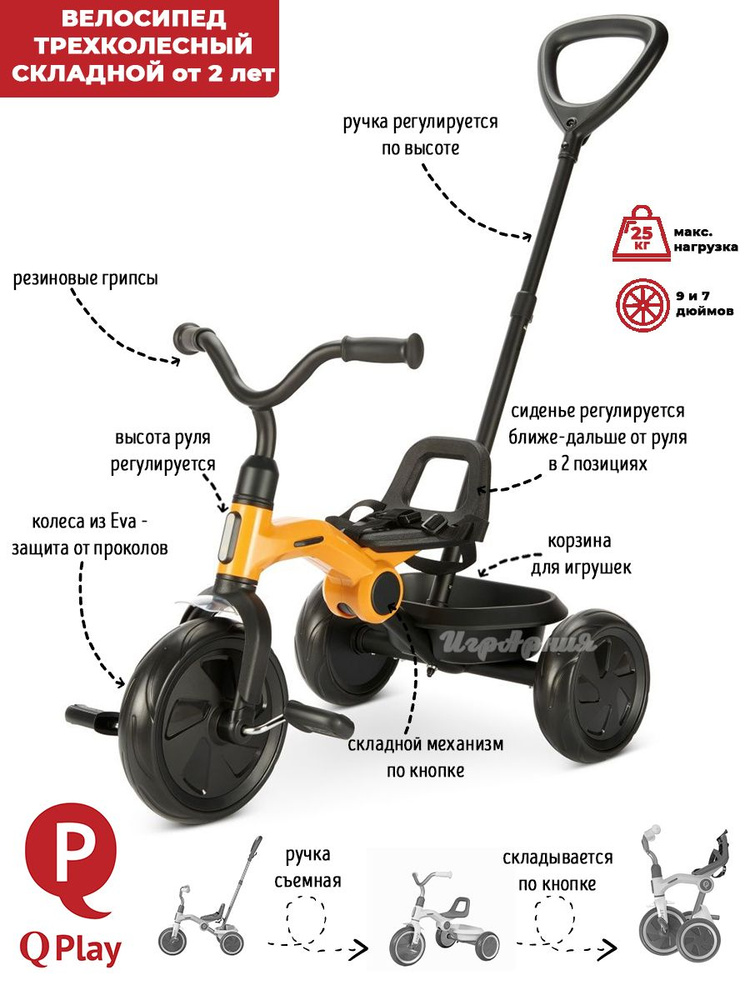 Велосипед трехколесный Qplay Ant Plus складной с ручкой, корзиной и ...