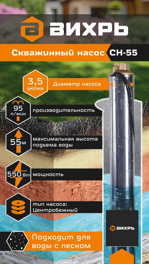 Скважинный насос ВИХРЬ СН-55 ( 550 Вт, 95 л/мин, напор 55м ) - купить по выгодной цене в ...