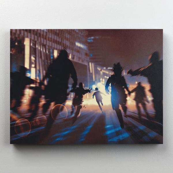 Интерьерная картина на холсте "Арт - мужчина убегает от солдат с оружием" на подрамнике 100x75 ...