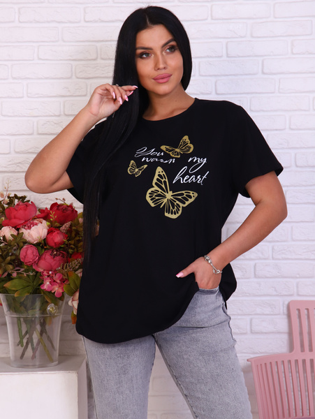 Футболка Женский Seffo черный, белый Короткий, размер 70 Кулирная гладь ...