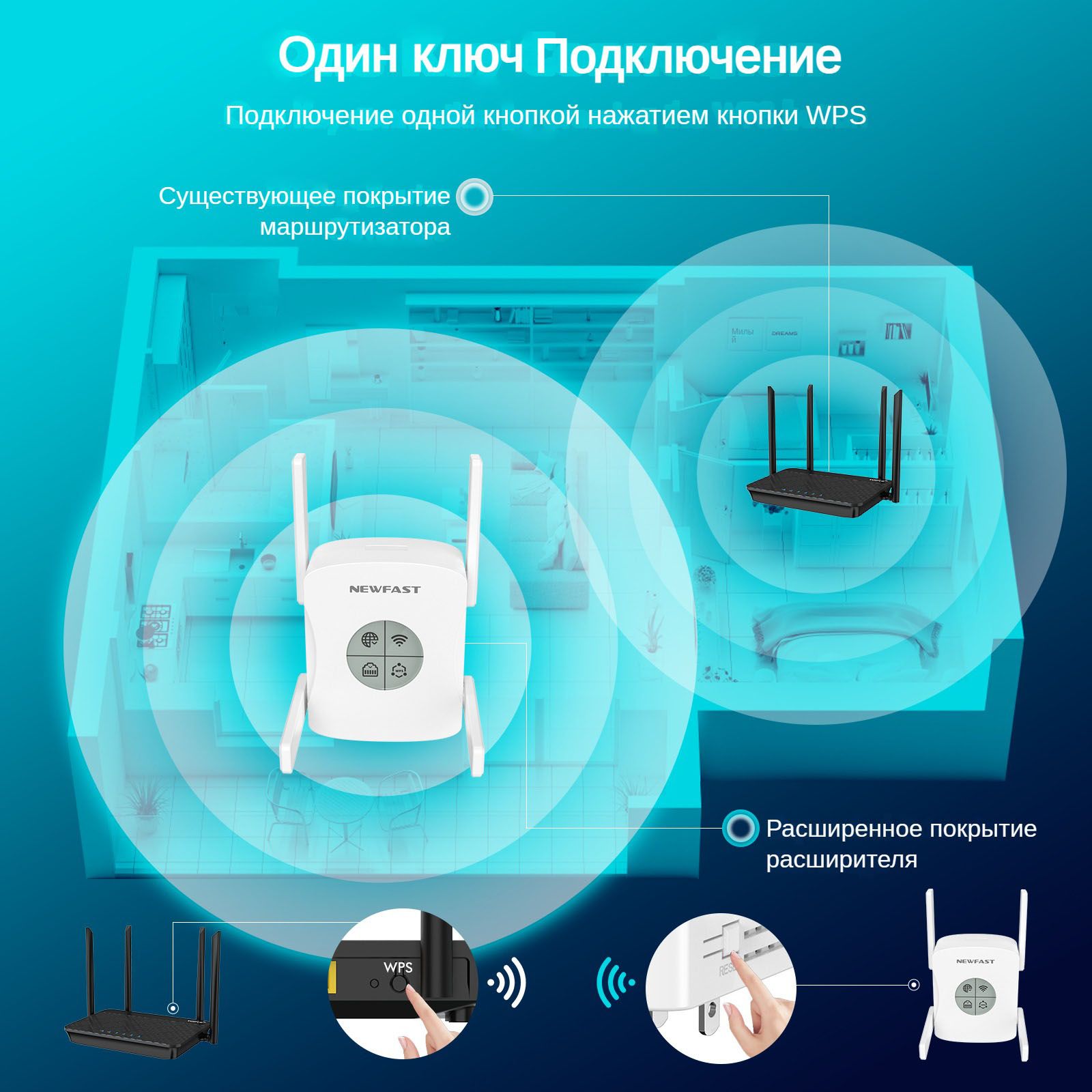 Усилитель Wi-Fi-сигнала NEWFAST усилитель сигнала wi-fi 1800 Мбит/с 4 ...