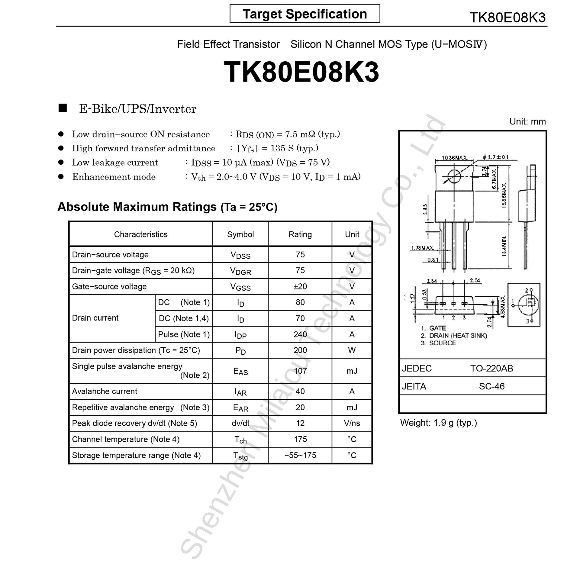 9шт. Транзистор TK80E08K3 Специальный контроллер для электромобилей (K80E08K3,TO-220,75V/80A ...