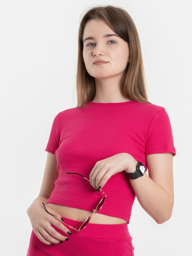 Футболка Женский CHELEBI TEXTILE малиновый Короткий, размер 42, 44 Хлопок Однотонный ...