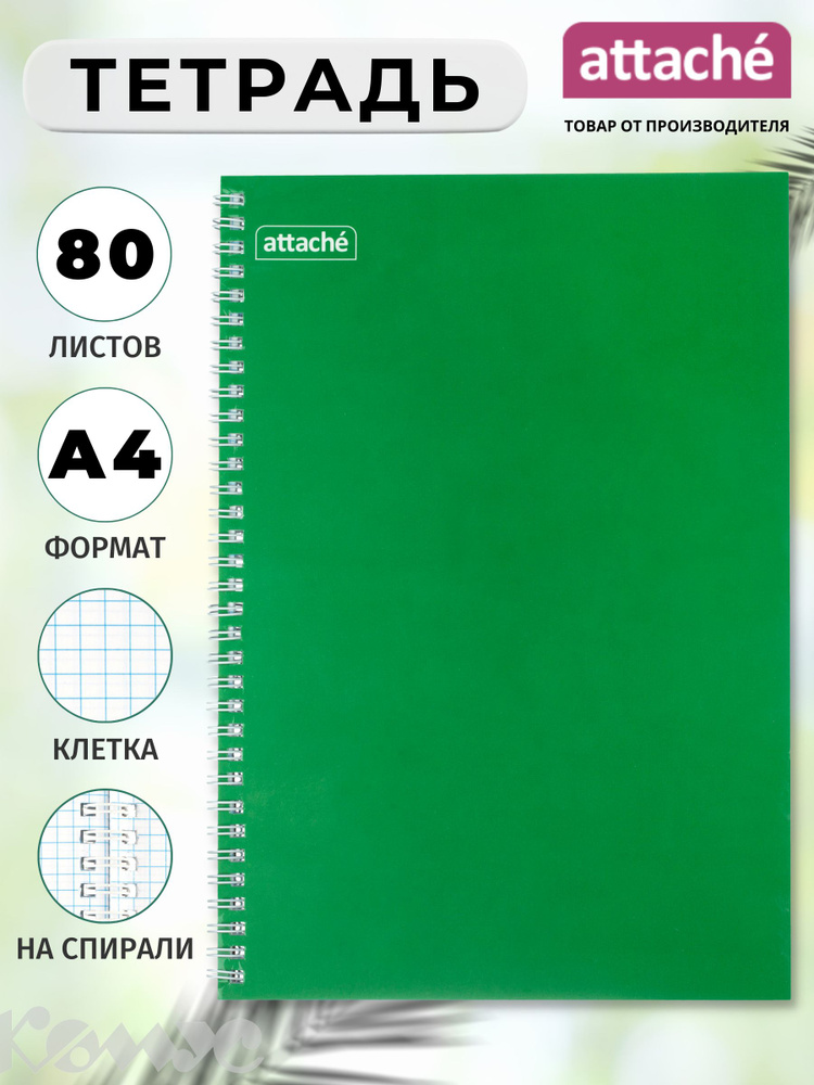 Тетрадь Attache, А4, 80 листов. в клетку, на пружине, темно-зеленая ...