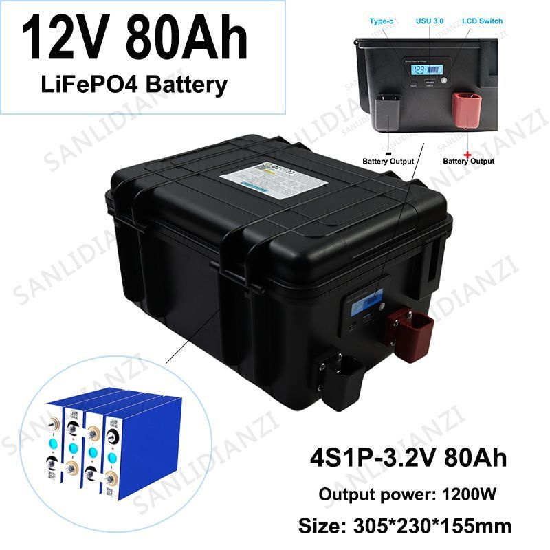12V 80 / 90A/ 100Ah LiFePO4 Батарея 12.8V 1200W BMS Поддержка последовательного и параллельного ...