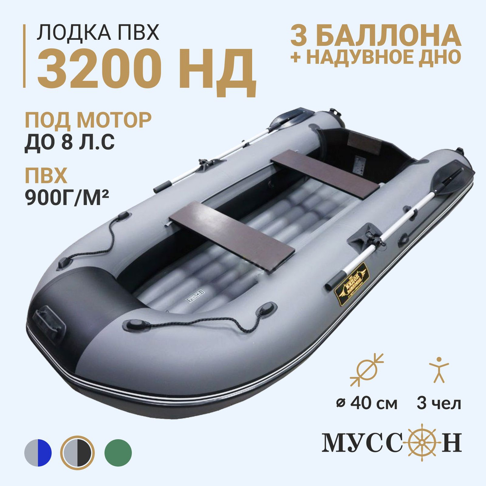 Лодка надувная для рыбалки ПВХ под мотор Муссон 3200 НД трехместная с ...