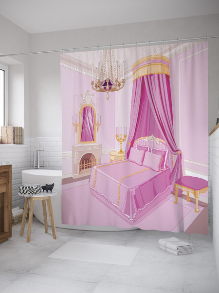 Штора для ванной 200x180 см JoyArty цветы, эльф, лампа, лес, сказка, кровать, люстра, зеркало ...