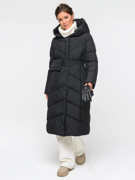Пуховик Женский Elfina Капюшон, Карманы черный Полиэстер, размер 48 Длинный Зима прямой Био-пух ...