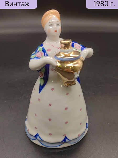 Статуэтка винтажная Девушка с самоваром, скульптор Н. А. Малышева, фарфор, роспись, золочение ...