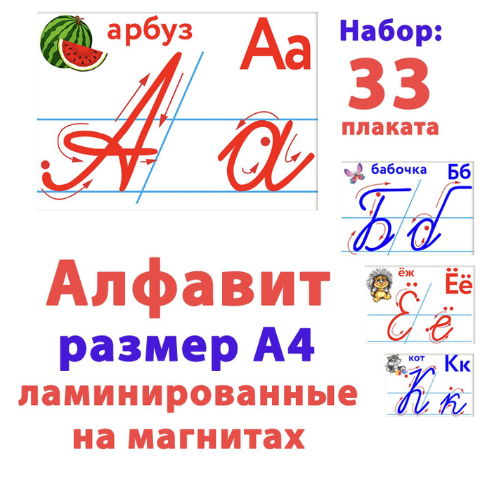 Алфавит ламинированный на магнитах (прописные и печатные буквы, 33 ...