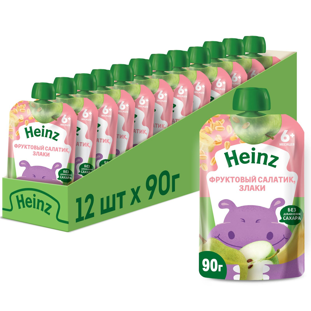 Пюре фруктовое Heinz с 6 месяцев, фруктовый салатик и злаки, 90 г x 12 ...