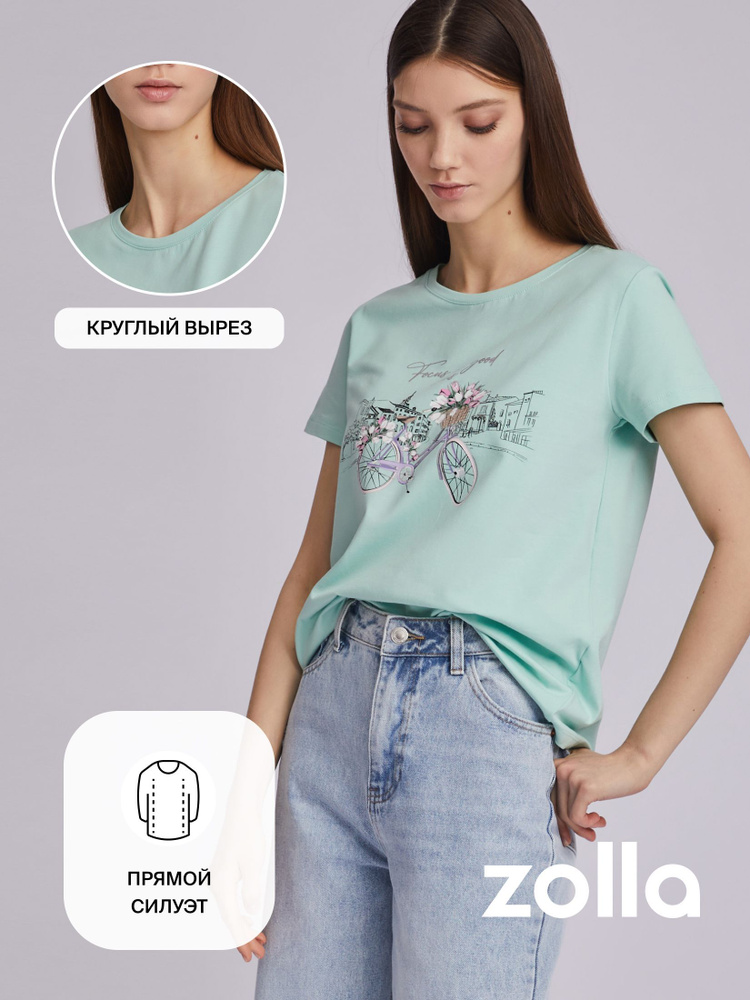 Футболка Женский Zolla светло-зеленый Короткий, размер 42 Хлопок, Эластан Повседневный ...
