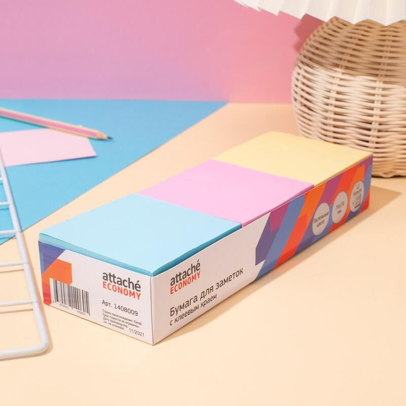 Стикеры для заметок Attache Economy, 76х76 мм 3 цвета, пастельные, 12 блоков по 100 листов ...