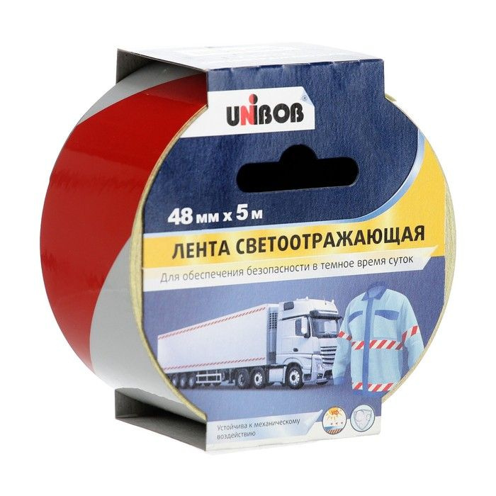 Лента сигнальная, клейкая, Unibob, светоотражающая, красно-белая, 48 мм ...