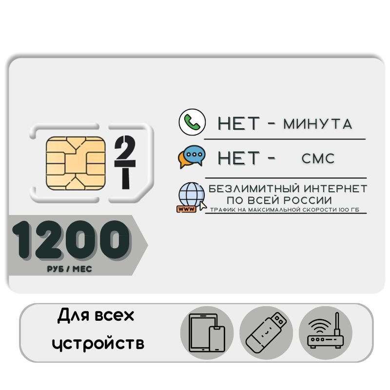 SIM-карта Сим карта Безлимитный интернет 1200 руб. 100 гб в месяц для ...