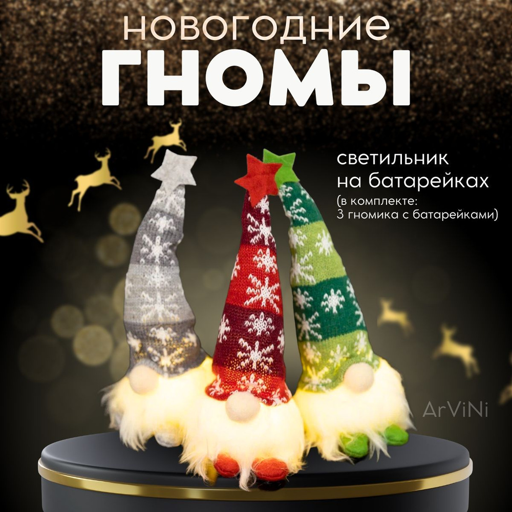 Новогодние светящиеся гномики под елку комплект 3 шт (Новый год 2024 ...