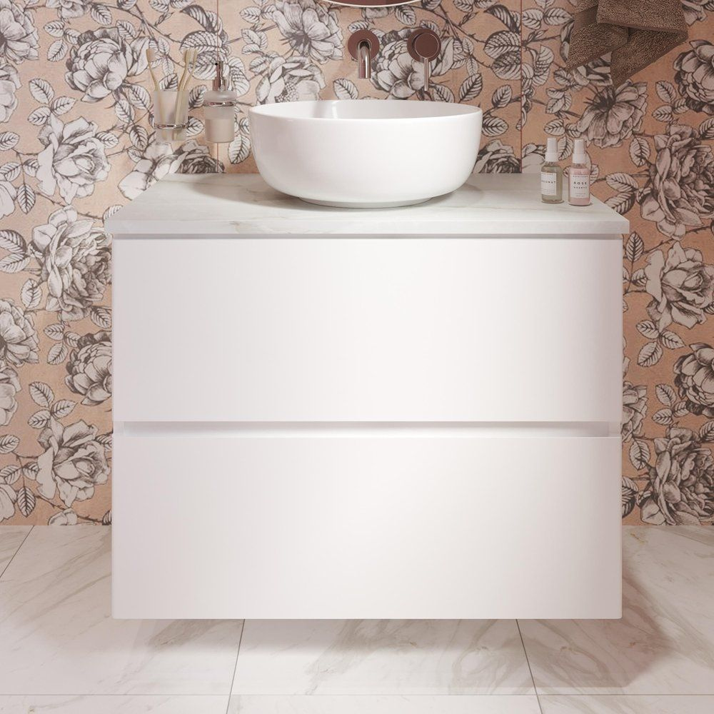 Тумба с раковиной STWORKI Колдинг 80 белая, с раковиной Moduo 40 RING, столешница светло-серая ...