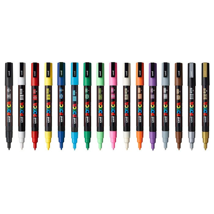 Маркеры UNI Posca PC-3M набор из 16 стандартных цветов толщина 0,9 - 1 ...