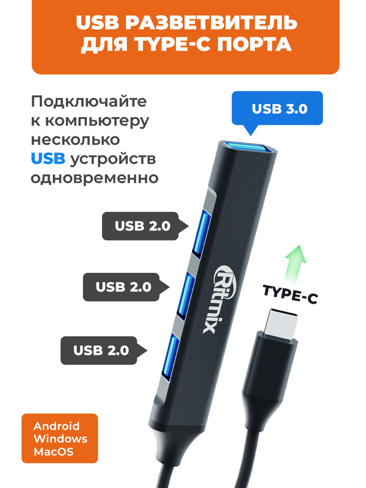 USB-хаб RITMIX CR-4401 Metal с Type-C, 4 порта USB, стильный и компактный - купить с доставкой ...