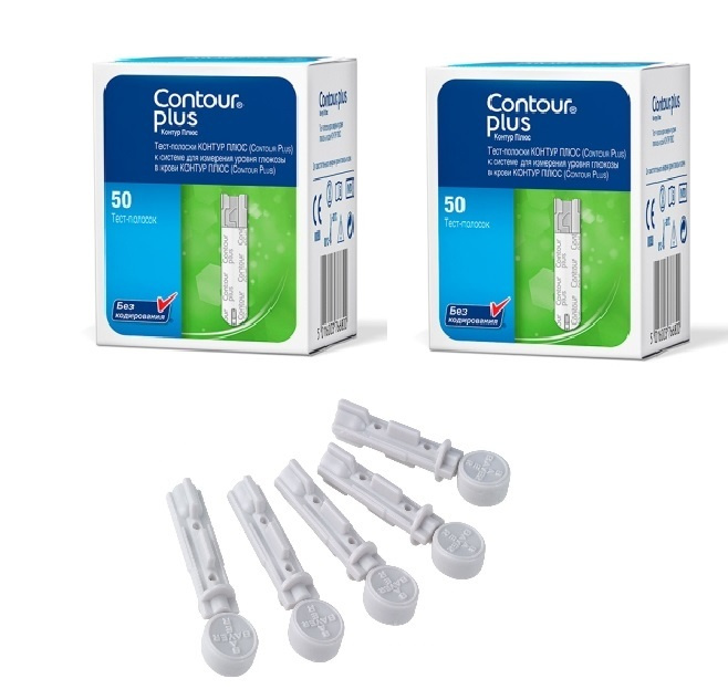 Тест-полоски Контур плюс (Contour plus) # 100 ( 50*2) + 50 ланцетов ...