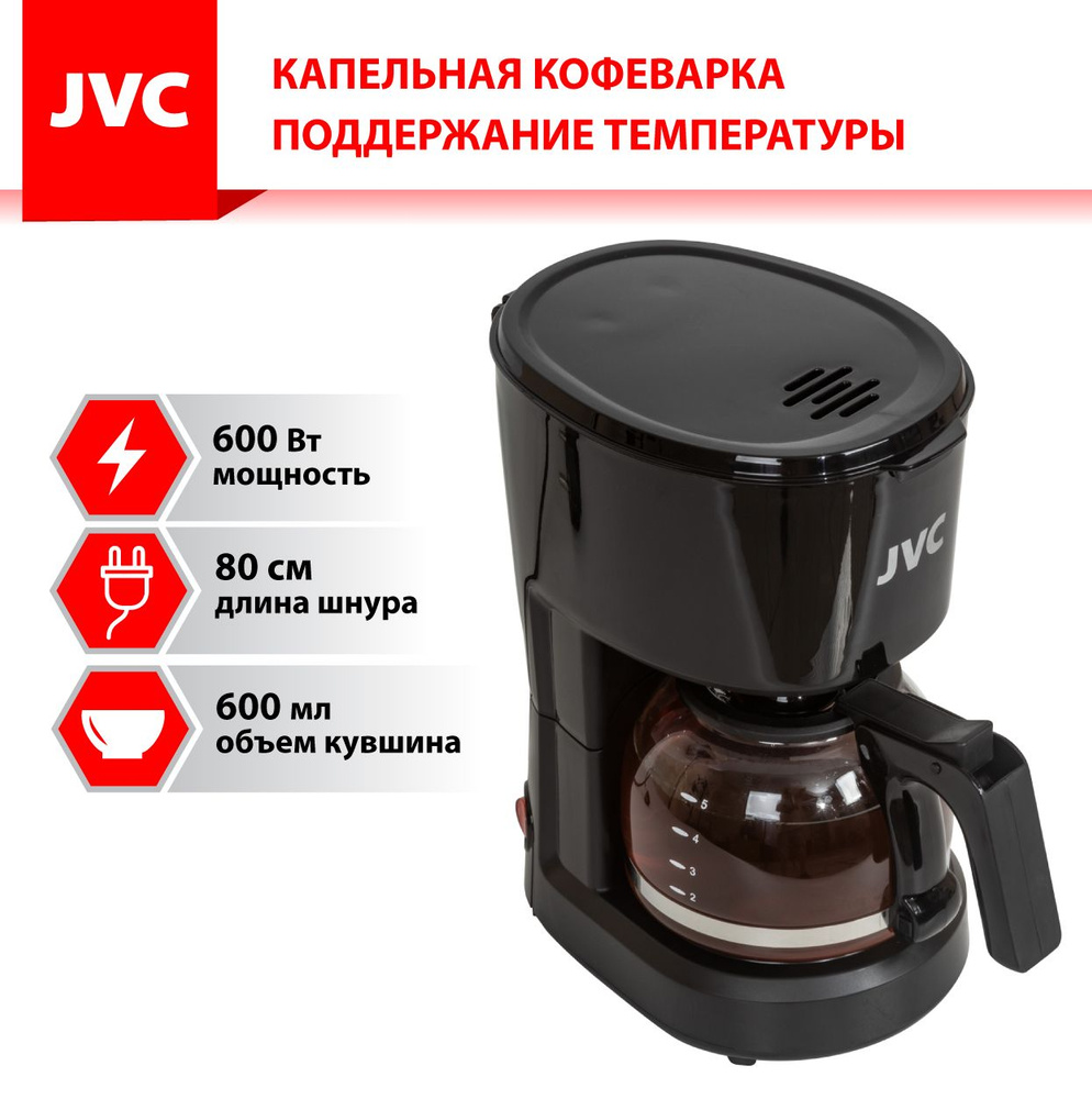 Кофеварка капельная профессиональная JVC JK-CF25 black со съемным фильтром и резервуаром 600 мл ...