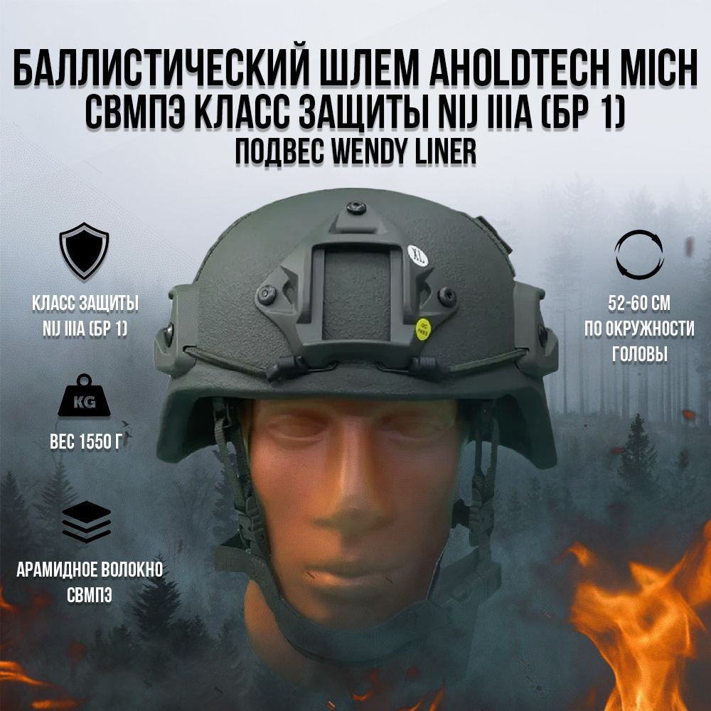 Баллистический шлем Aholdtech Mich из СВМПЭ класс защиты NIJ IIIA (БР 1 ...
