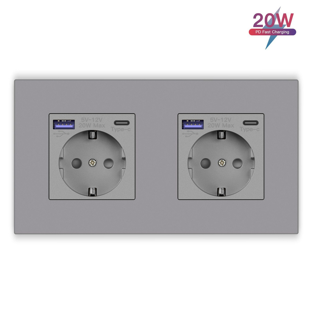Розетка электрическая двойная с Usb и Type C входами быстрая зарядка 20w рамка Pc пластик
