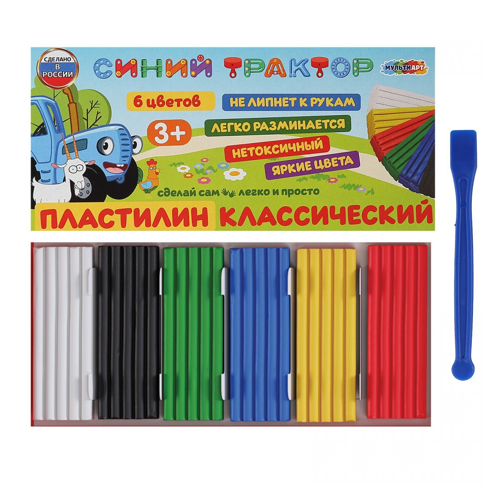 Пластилин 6 цветов, 120 гр, стек, картонная коробка, Синий трактор ...