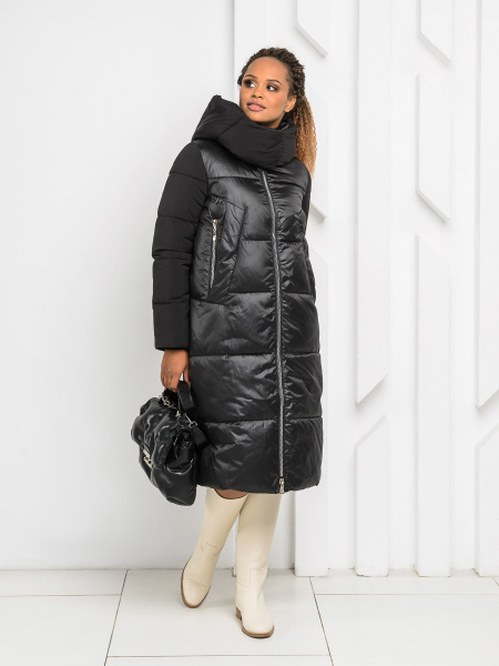 Пальто Женский Elfina Капюшон, Карманы черный капюшон Полиэстер Длинный Изософт, размер 48 ...