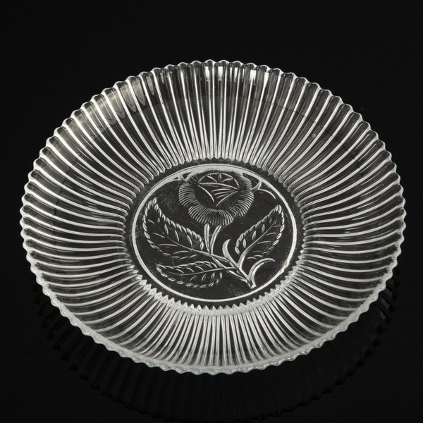 Блюдо винтажное сервировочное с геометрическим и растительным декором, стекло, СССР, 1950-1970 ...