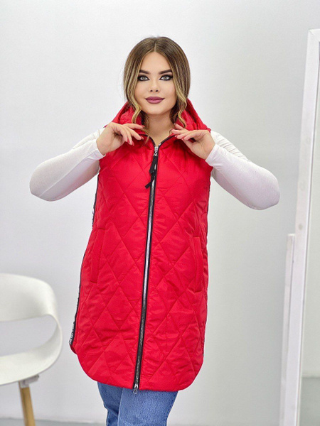 Жилет Женский Jyldyz красный Плащевка, размер 52 Капюшон оверсайз Без рукавов Молния Однотонный ...