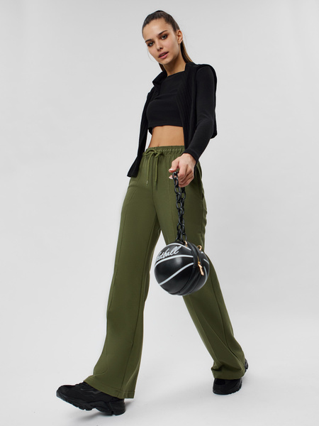 Брюки Женский XARIZMAS MIND'N'SOUL клеш хаки Хлопок, Полиэстер Домашний, размер 48 Завязки ...