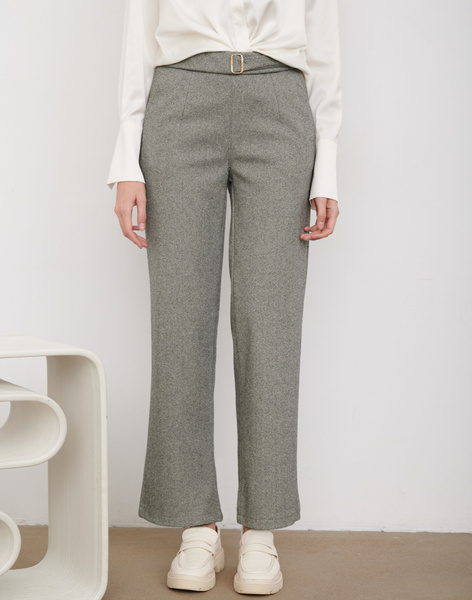 Брюки Женский SLN широкие, прямые серый Шерсть, Хлопок Вечерний/праздничный, размер 44 Резинка ...