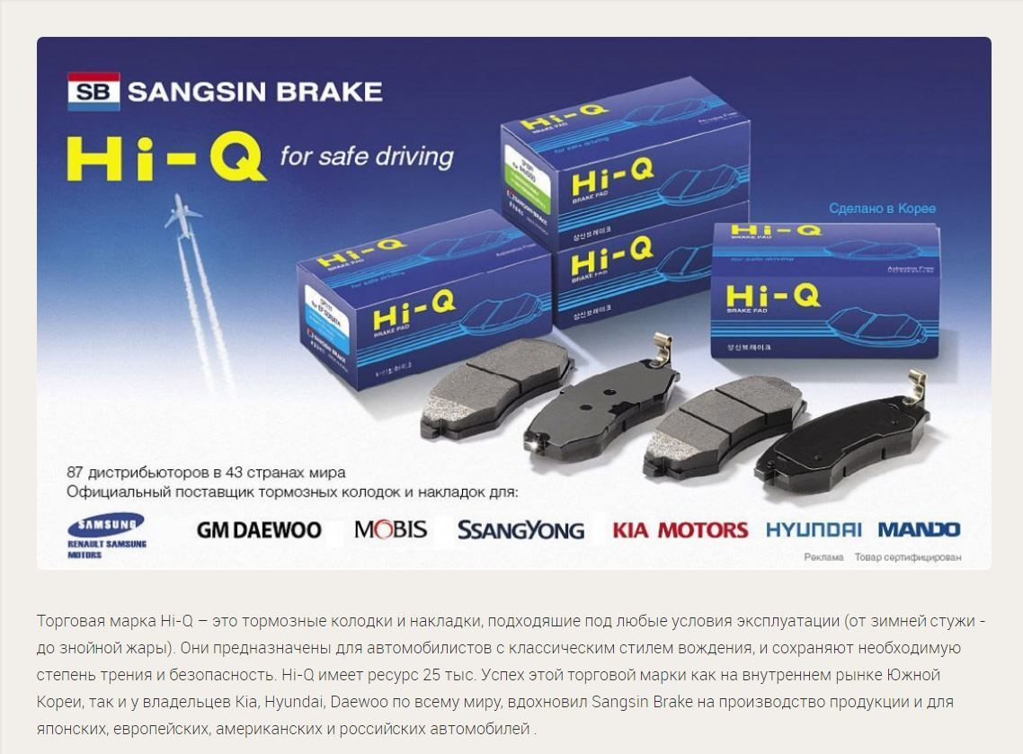 Колодки тормозные Sangsin Brake 58101-4LA00; 58101-1RA00 Передние ...