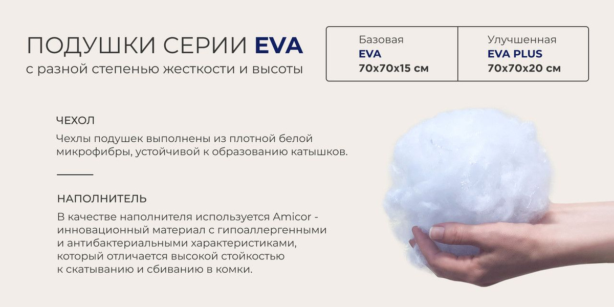 Sonno Home Подушка для сна EVA 70x70х15 см, мягкая и упругая, гипоаллергенный наполнитель Amicor ...